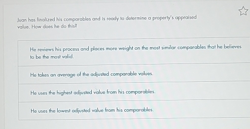 Solved: Juan has finalized his comparables and is ready to determine a ...