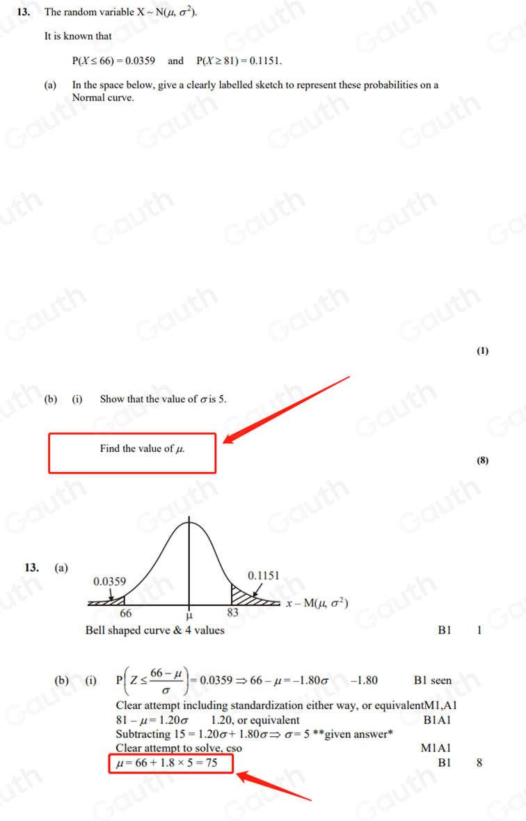 Solved: It is known that P(X≤ 66)=0.0359 and P(X≥ 81)=0.1151 , if c=5 , find μ. [Math]