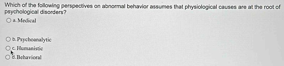 Solved: Which of the following perspectives on abnormal behavior ...