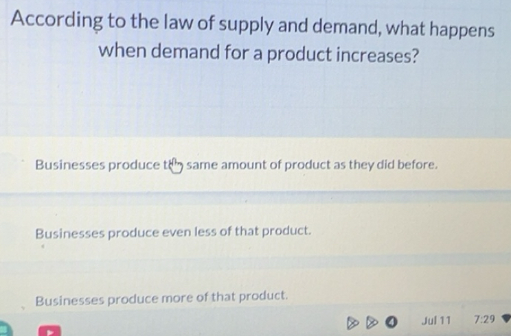 Solved: According to the law of supply and demand, what happens when ...