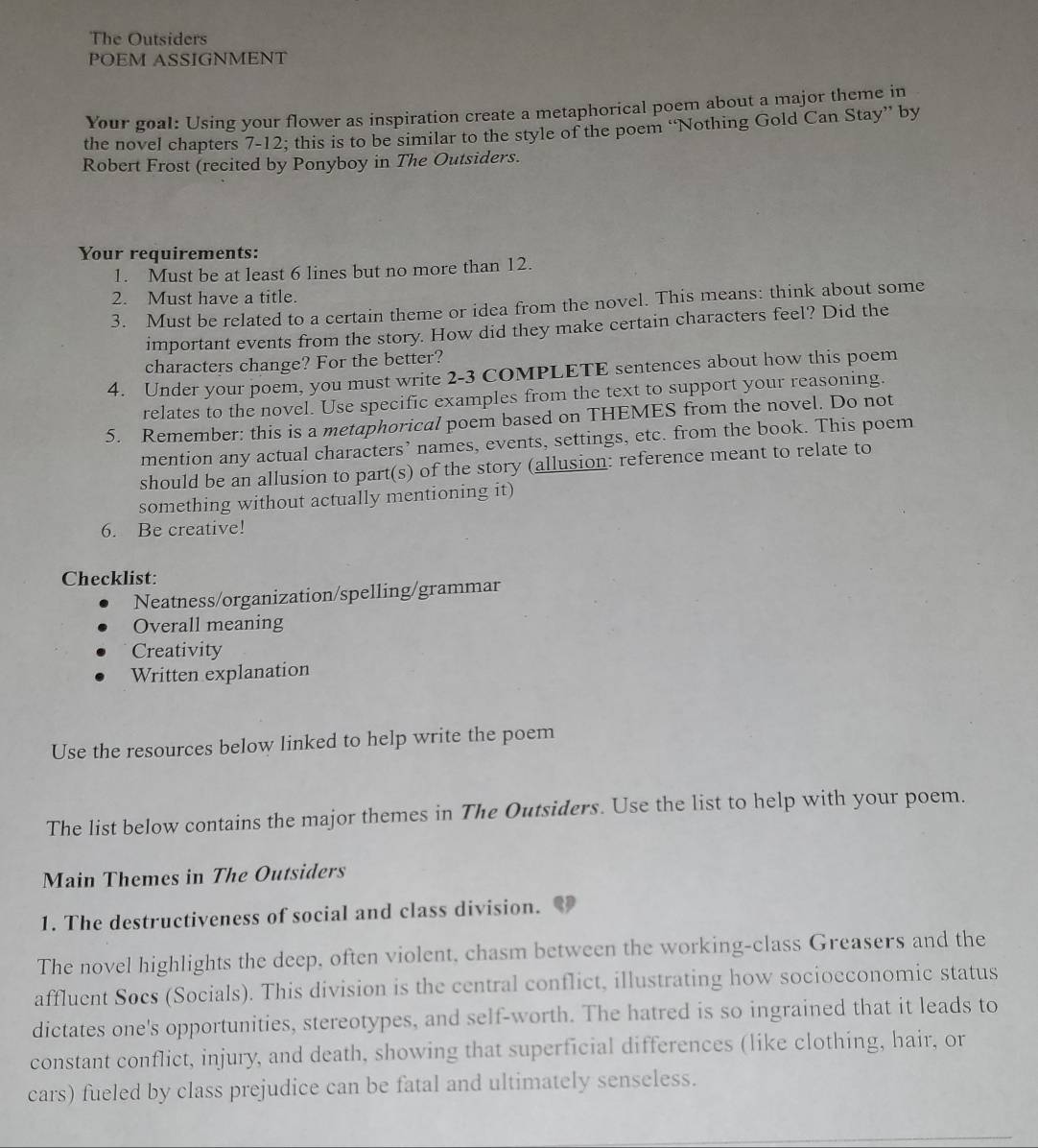 Solved: The Outsiders POEM ASSIGNMENT Your goal: Using your flower as ...