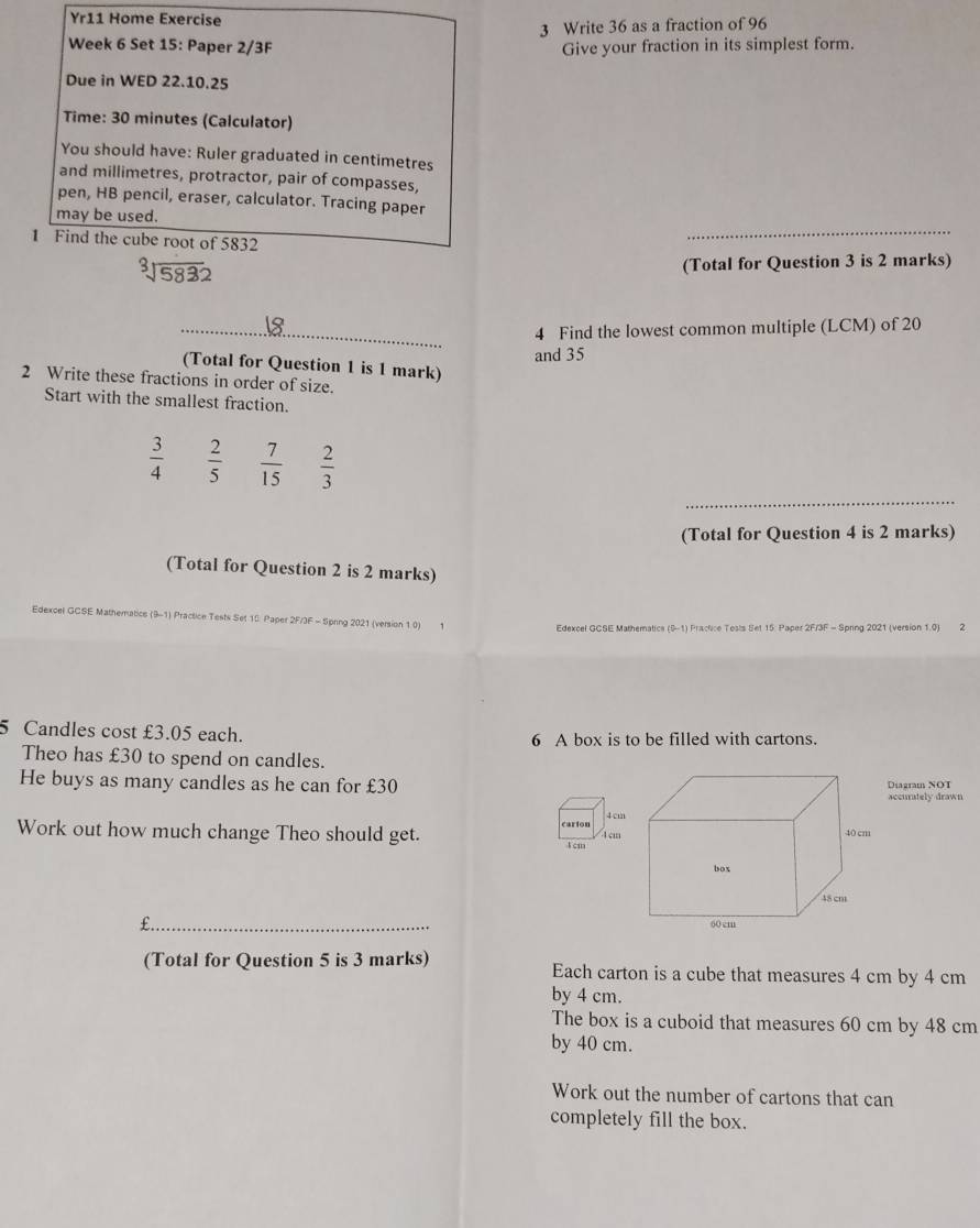 Solved: Yr11 Home Exercise 3 Write 36 as a fraction of 96 Week 6 Set 15 ...