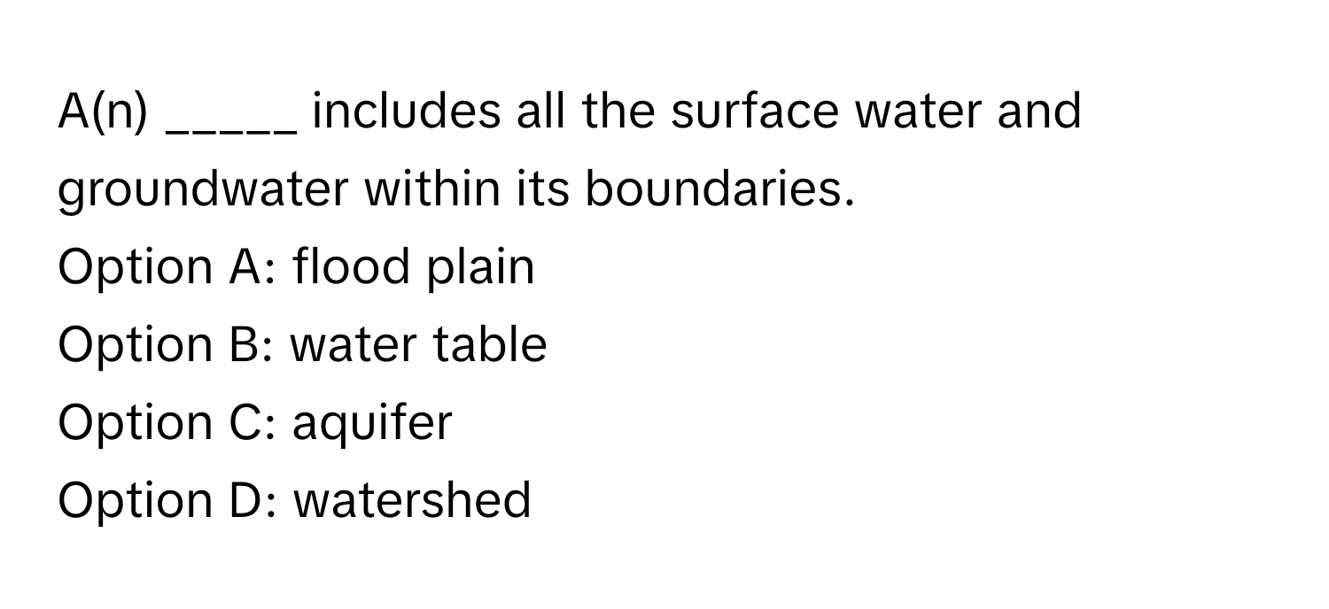 Solved: A(n) _____ includes all the surface water and groundwater ...