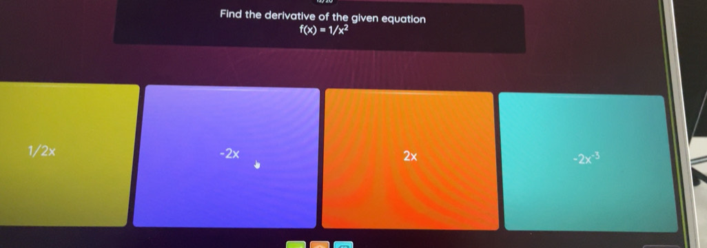 Resuelto:Find the derivative of the given equation f(x)=1/x^2 1/2x -2x ...