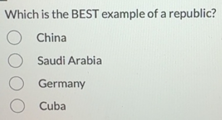 Solved: Which is the BEST example of a republic? China Saudi Arabia ...