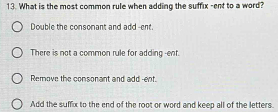 Solved: What is the most common rule when adding the suffix -ent to a ...