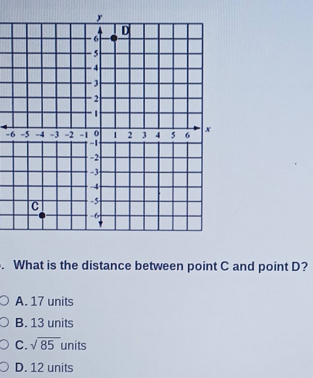 Solved: What is the distance between point C and point D? A. 17 units B ...