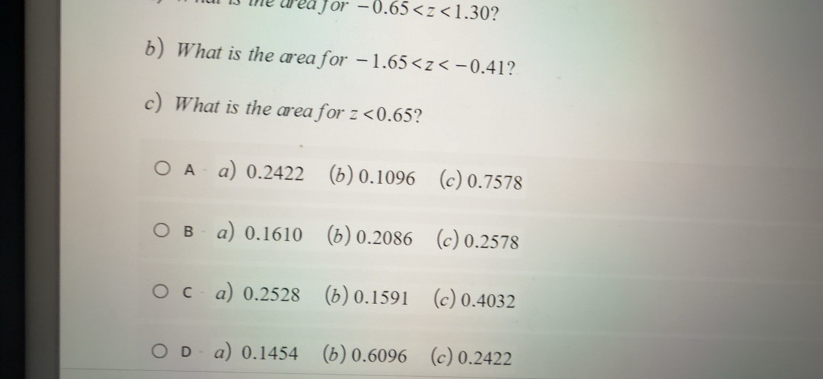 Solved: le area for -0.65 ? b) What is the area for -1.65 ? c) What is ...