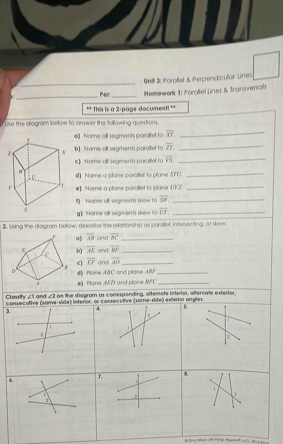 Solved: Parallel & Perpendicular Lines ,: _Per:_ Homework 1: Parallel Lines & Transversals ...