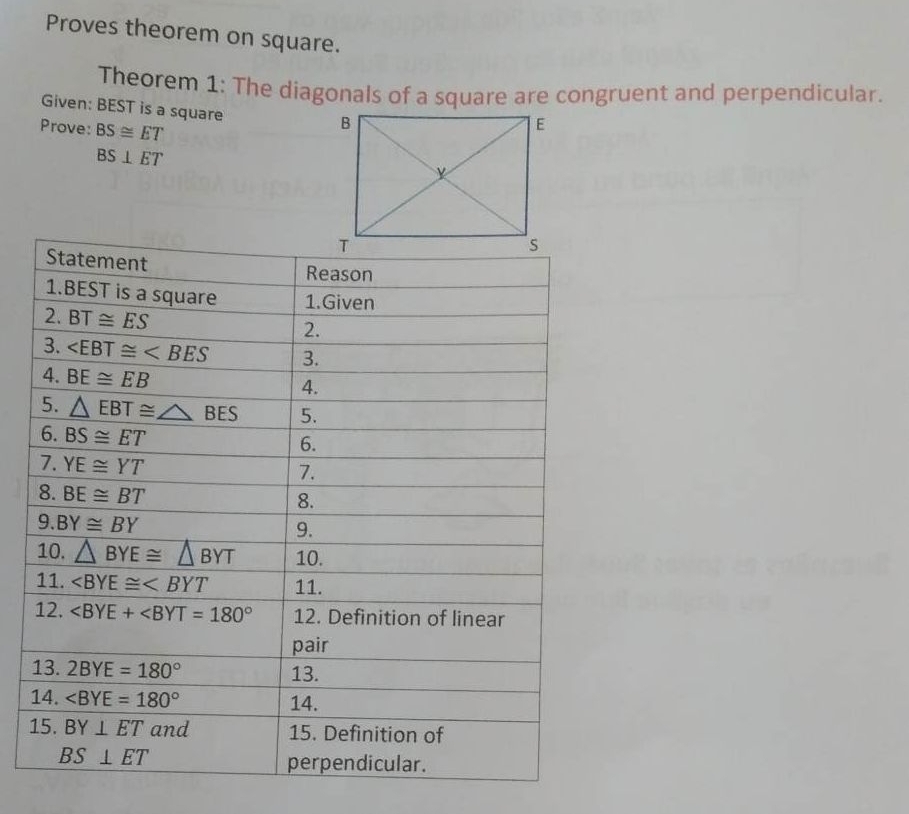 Solved: Proves theorem on square. Theorem 1: The diagonals of a square are congruent and ...