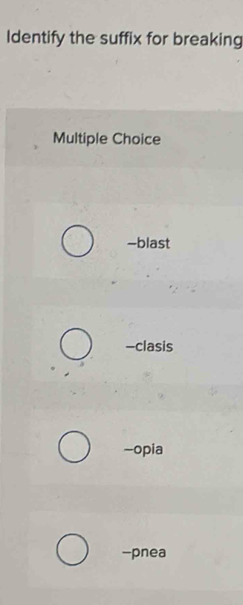 Solved: Identify the suffix for breaking Multiple Choice -blast -clasis ...