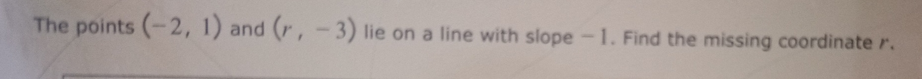 Resuelto:The points (-2,1) and (r,-3) lie on a line with slope -1. Find ...