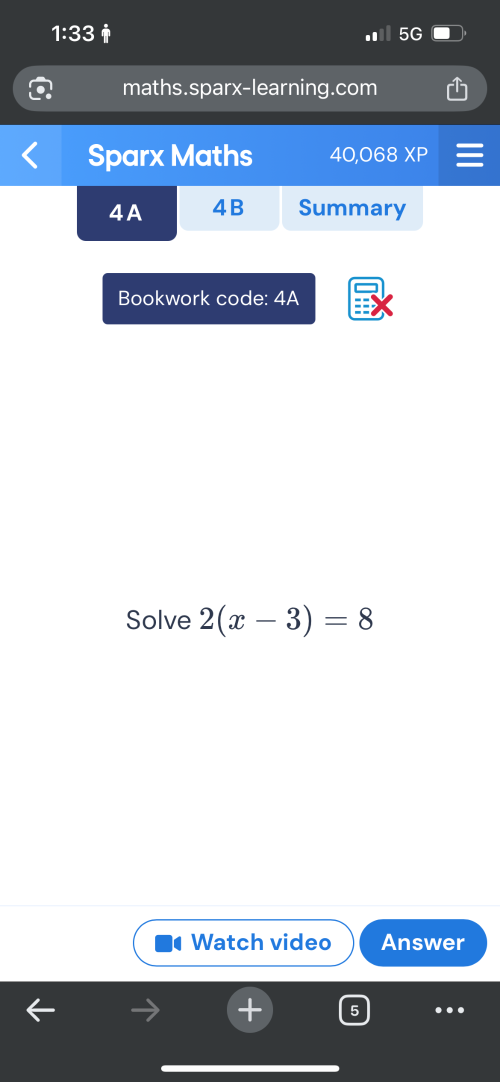 Solved: 1:33 maths.sparx-learning.com Sparx Maths 40,068 〉 2(x-3)=8 ...