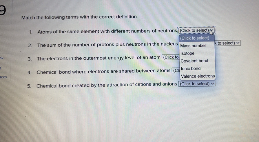 Solved: Match the following terms with the correct definition. 1. Atoms ...
