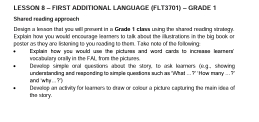 Solved: LESSON 8 - FIRST ADDITIONAL LANGUAGE (FLT3701) - GRADE 1 Shared reading approach Design ...