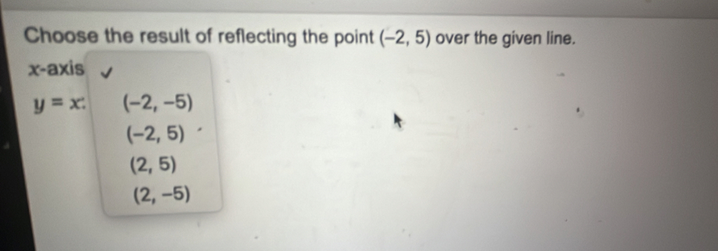 Solved: Choose the result of reflecting the point (-2,5) over the given ...