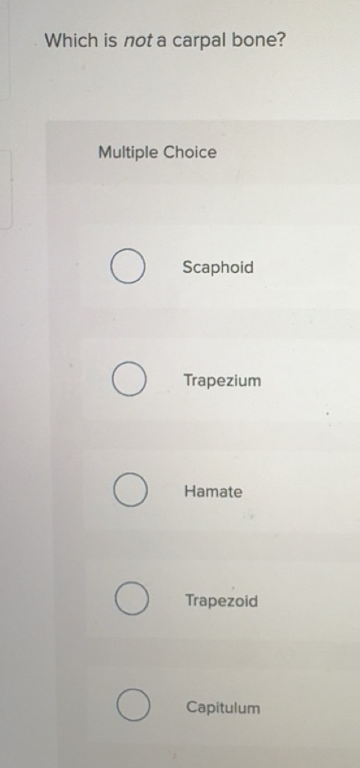 Solved: Which is not a carpal bone? Multiple Choice Scaphoid Trapezium ...