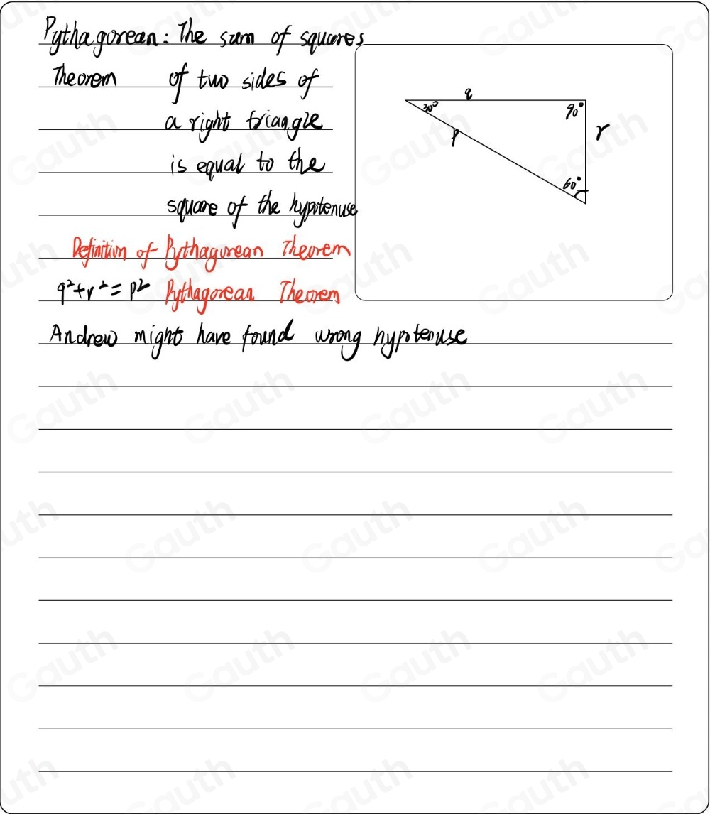 Solved: Andrew sketches a right triangle with side lengths p, q, and r ...