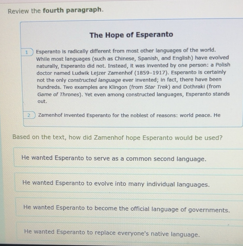 Solved: Review the fourth paragraph. The Hope of Esperanto 1 Esperanto ...