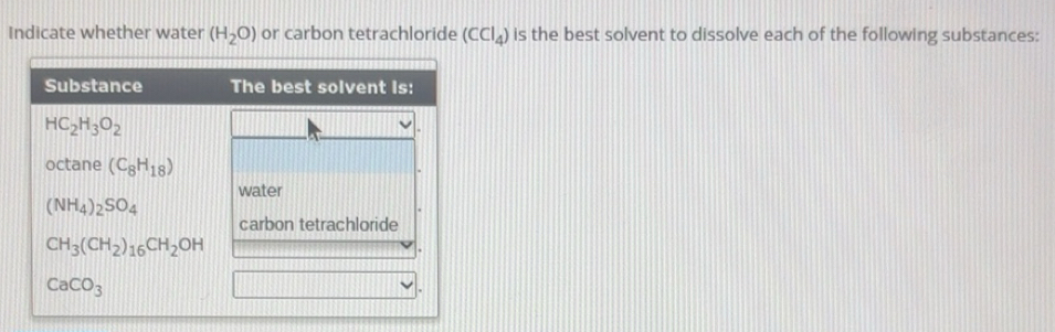 Solved: Indicate whether water (H_2O) or carbon tetrachloride (CCl_4 ...