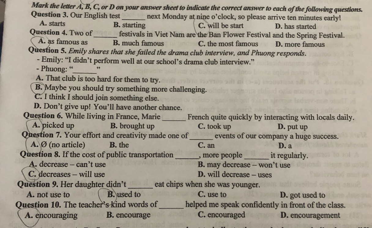 Giải quyết:Mark the letter A, B, C, or D on your answer sheet to ...
