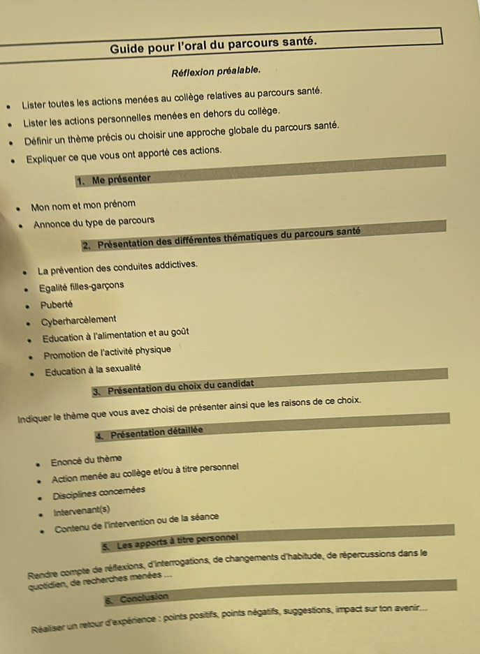 Résolu :Guide pour l'oral du parcours santé. Réflexion préalable ...