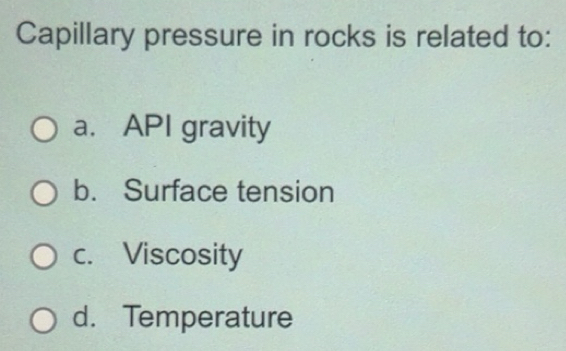 Selesai:Capillary pressure in rocks is related to: a. API gravity b ...