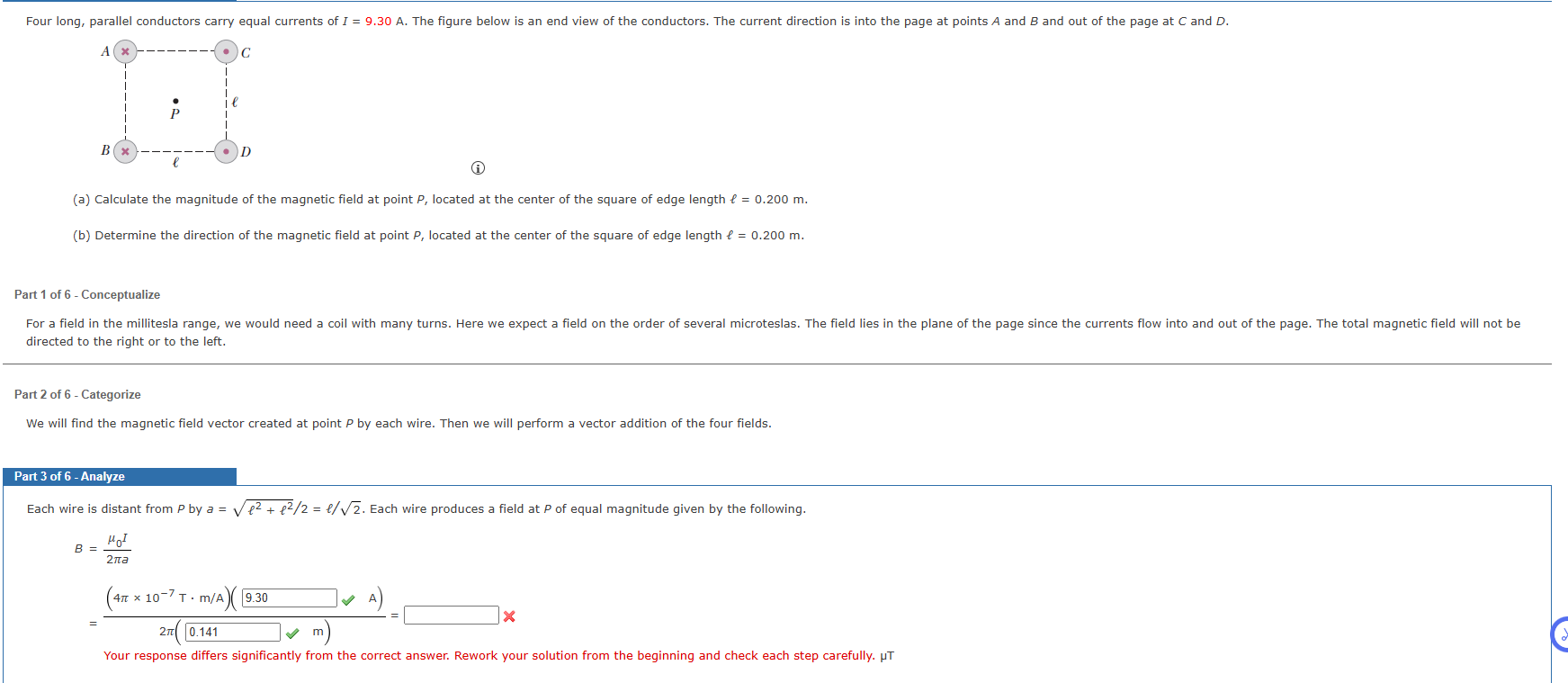 Solved: Four long, parallel conductors carry equal currents of I = 9.30 ...