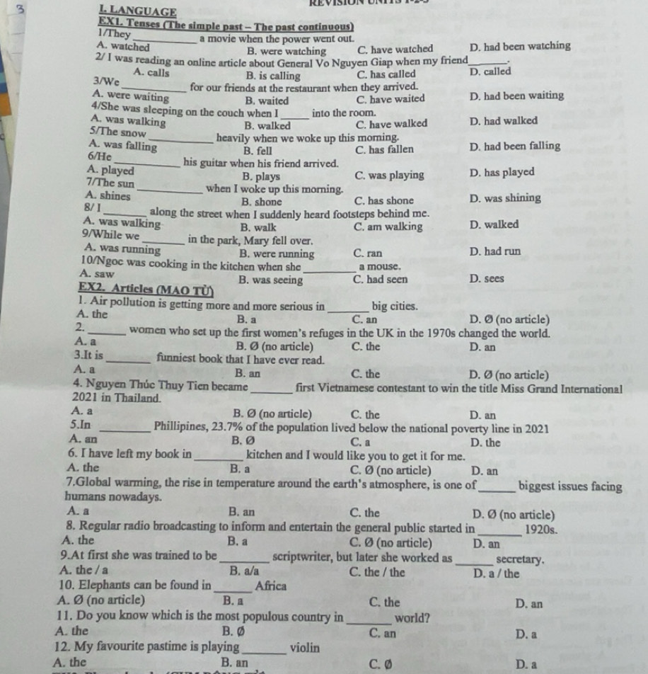 Giải quyết:LANGUAGE EXL Tenses (The simple past - The past continuous ...