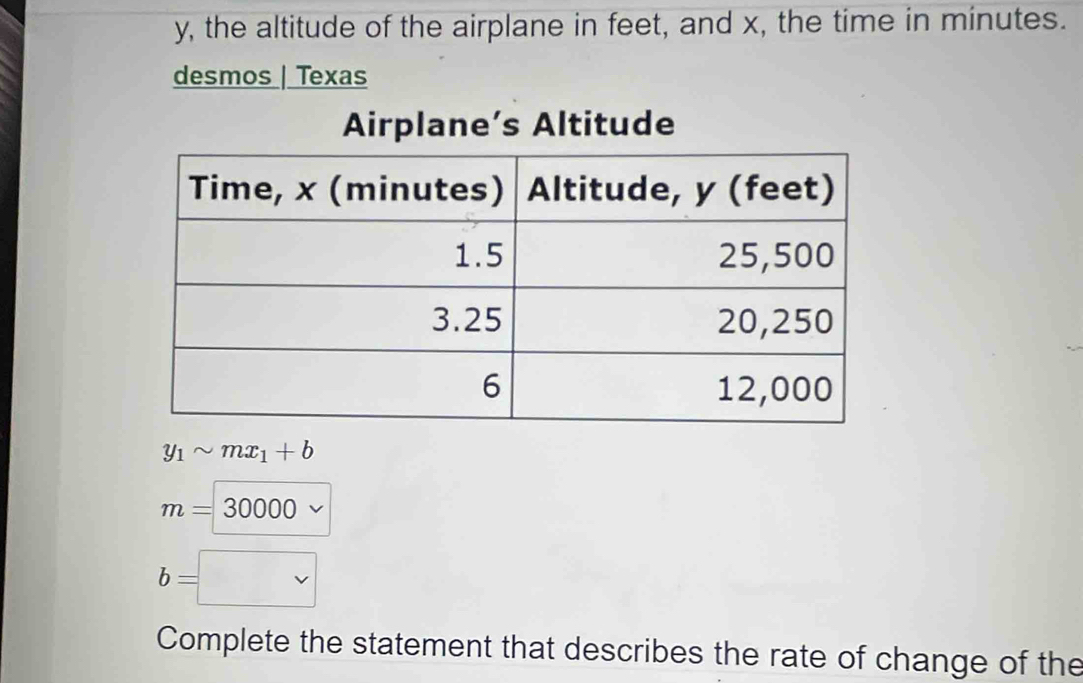 Solved: y, the altitude of the airplane in feet, and x, the time in ...