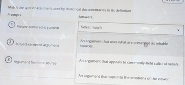 Solved: Match the type of argument used by rhetorical documentaries to ...