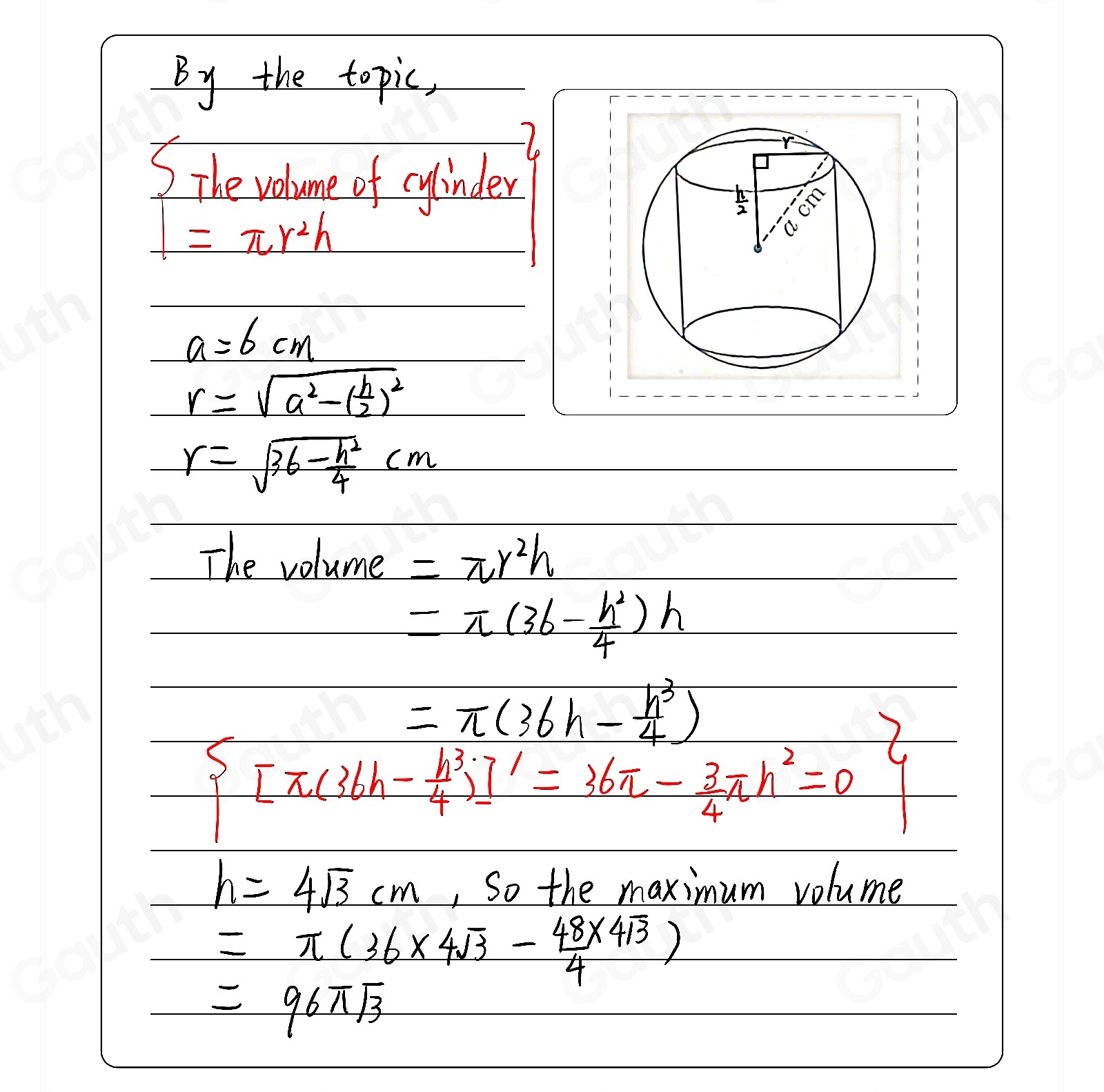 Solved: A right circular cylinder is inscribed in a sphere of radius ...