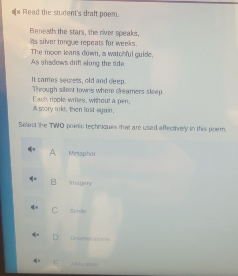 Gelöst:× Read the student's draft poem. Beneath the stars, the river ...