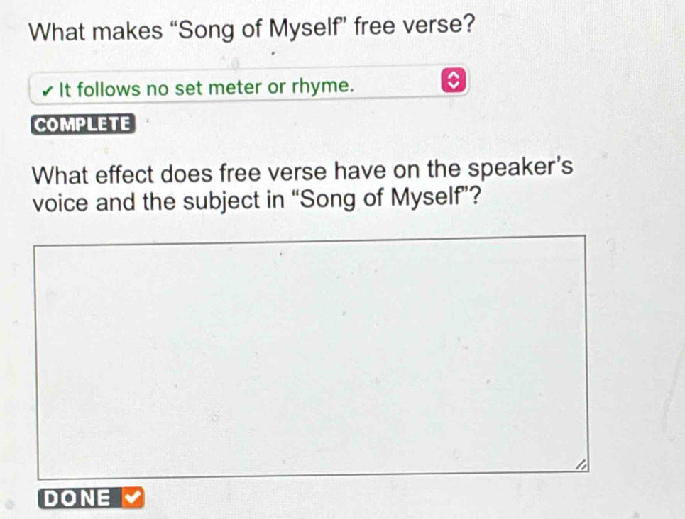 Solved: What makes “Song of Myself” free verse? It follows no set meter ...