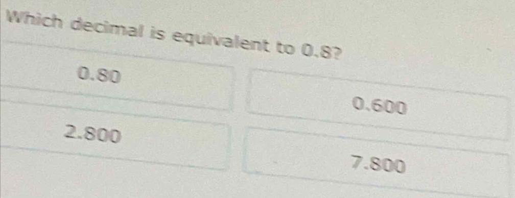Solved: Which decimal is equivalent to 0.8? 0.80 0.600 2.800 7.800 [Math]