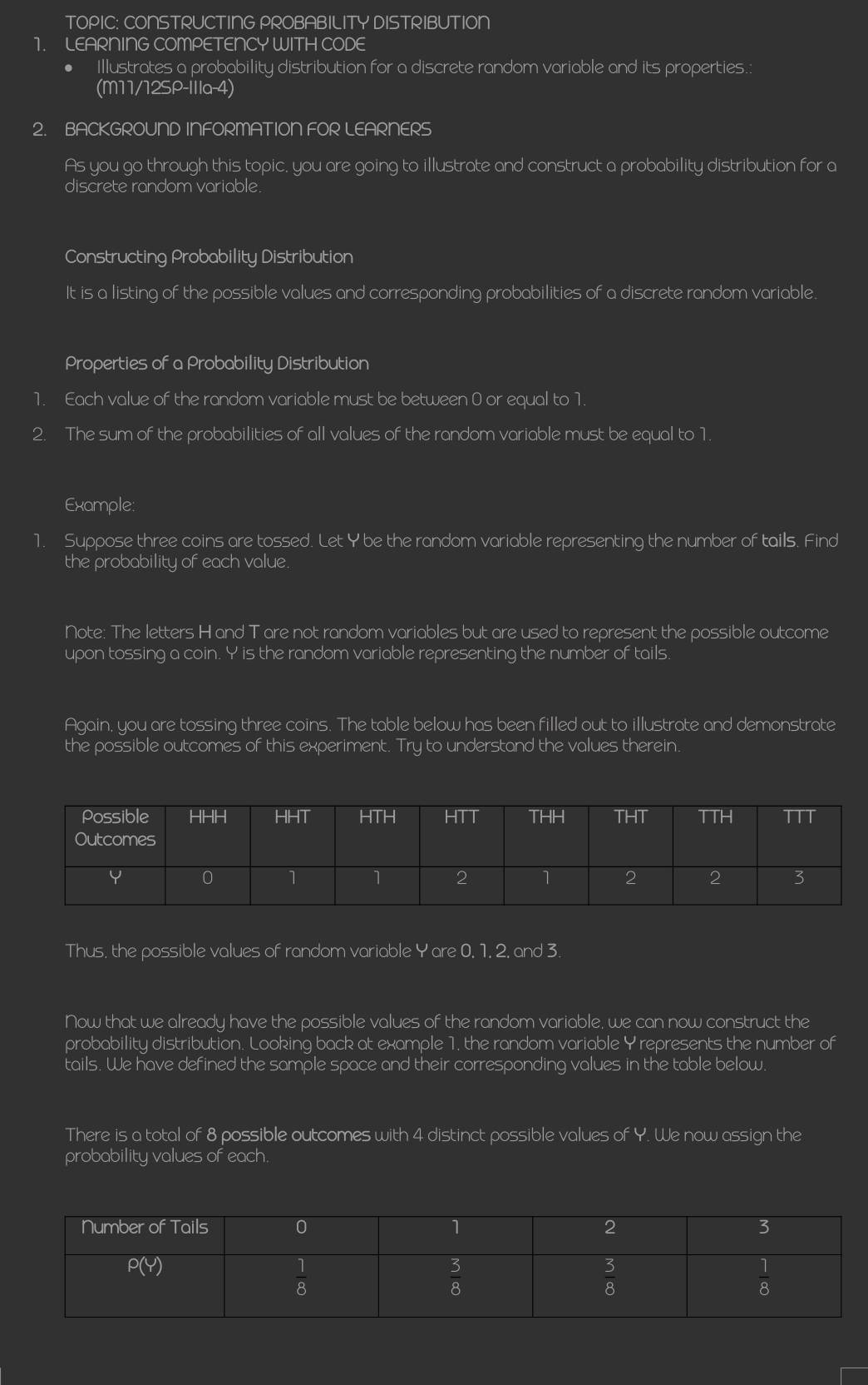 Solved: TOPIC: CONSTRUCTING PROBABILITY DISTRIBUTION 1. LEARNING ...