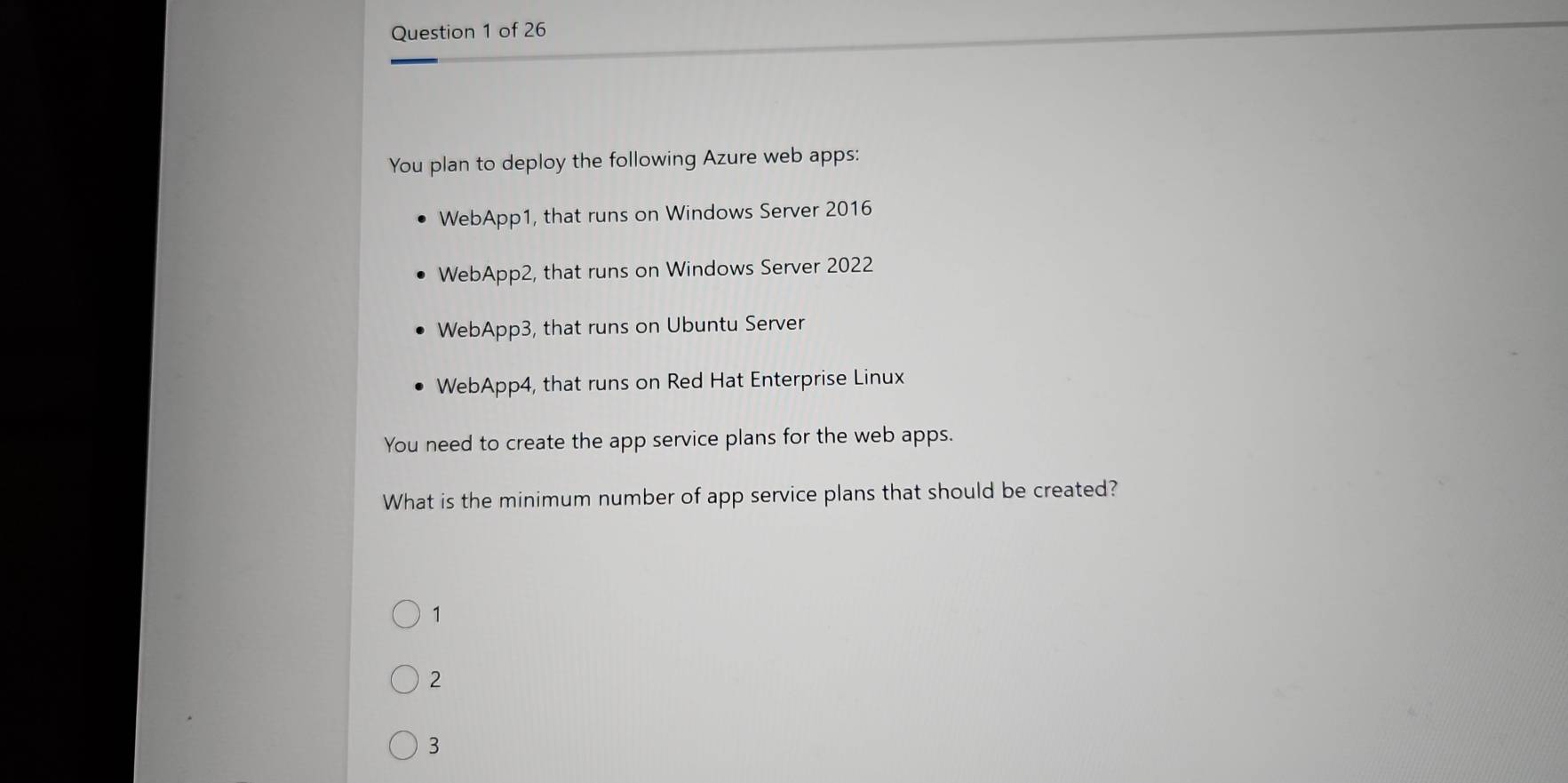 Solved: You plan to deploy the following Azure web apps: WebApp1, that runs on Windows Server ...