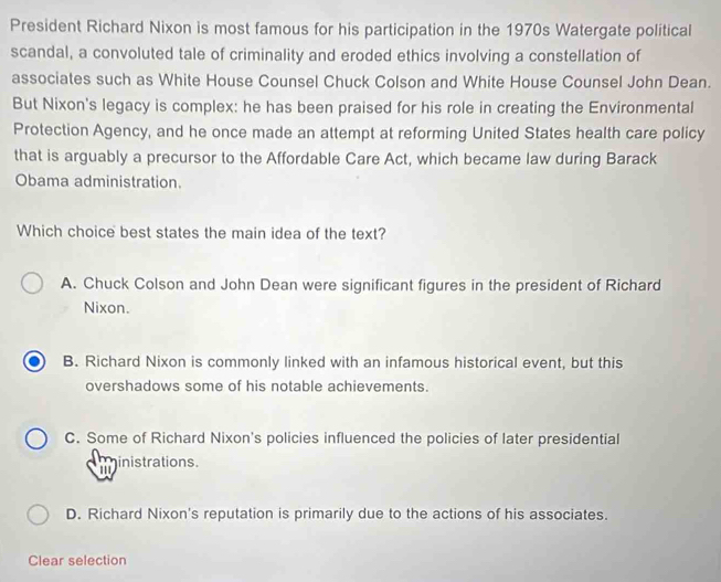 Giải quyết:President Richard Nixon is most famous for his participation ...