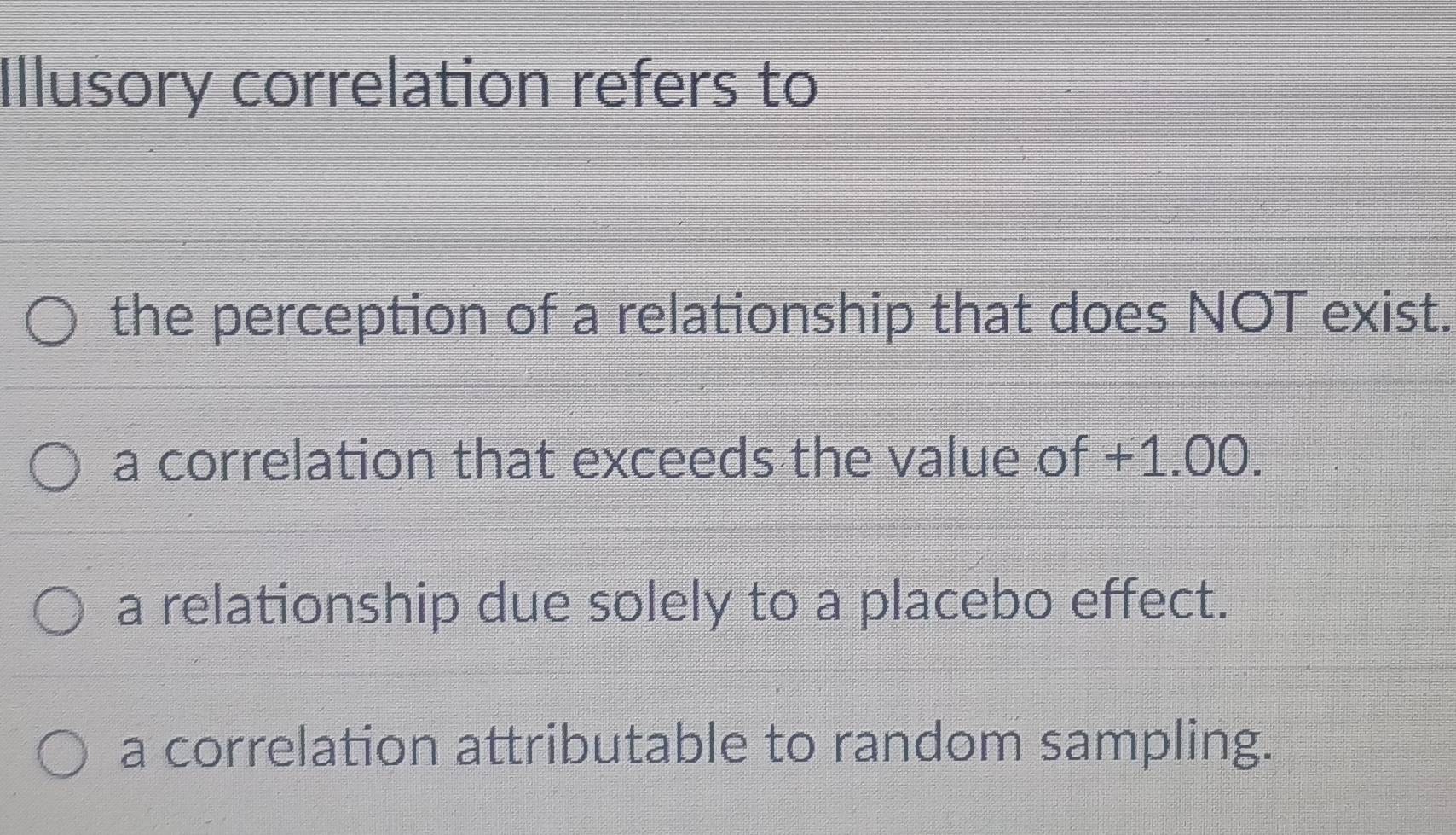 Solved: Illusory correlation refers to the perception of a relationship ...
