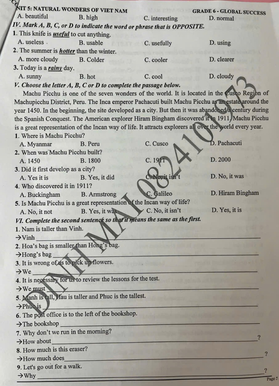 Giải quyết:NIT 5: NATURAL WONDERS OF VIET NAM GRADE 6 - GLOBAL SUCCESS ...