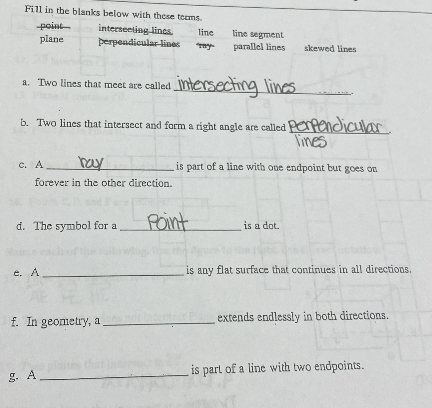 Solved: Fill in the blanks below with these terms. point intersecting lines line line segment ...