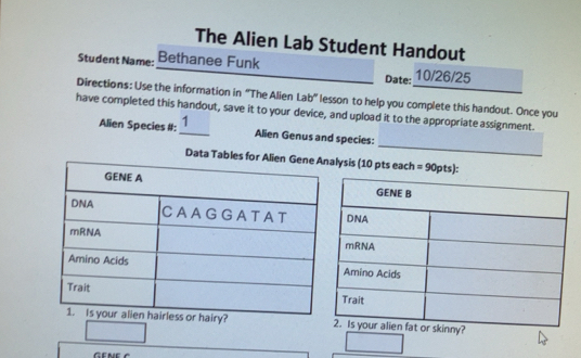 Solved: The Alien Lab Student Handout Student Name:_ Bethanee Funk 10 ...