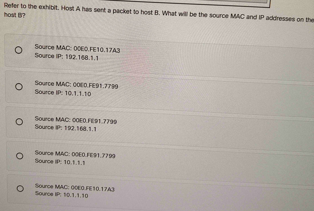 Solved: Refer to the exhibit. Host A has sent a packet to host B. What ... Solved: Refer to the exhibit. Host A has sent a packet to host B. What ...