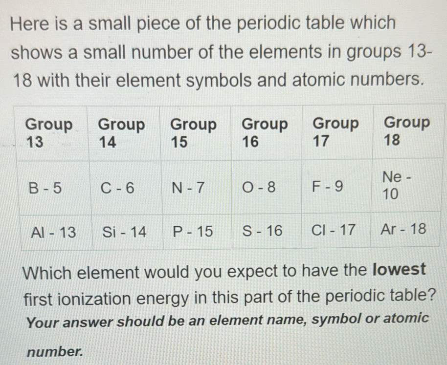 Solved: Here is a small piece of the periodic table which shows a small ...