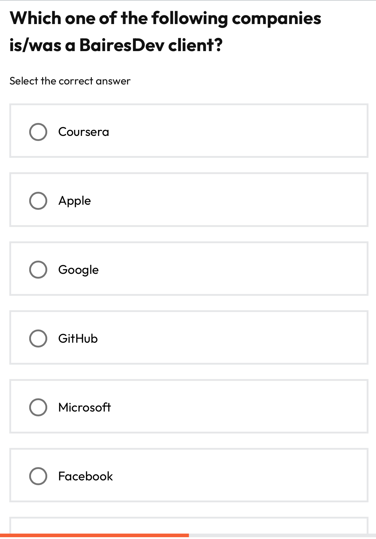 Solved: Which one of the following companies is/was a BairesDev client? Select the correct ...