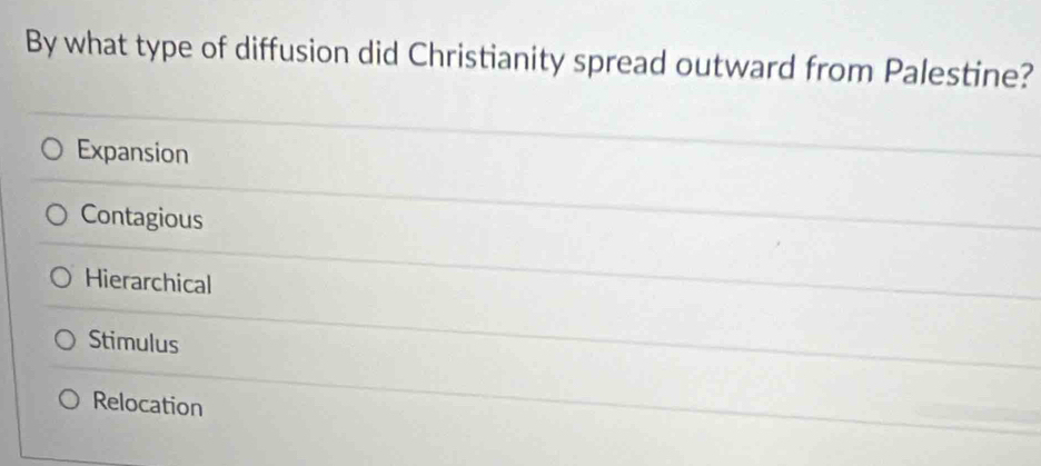 Solved: By what type of diffusion did Christianity spread outward from ...