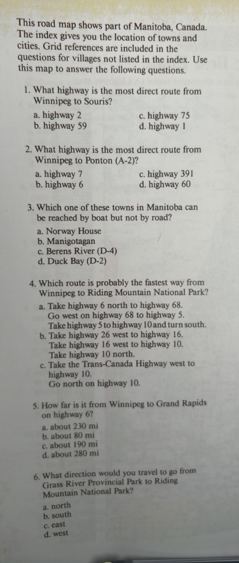 Solved: This road map shows part of Manitoba, Canada. The index gives ...