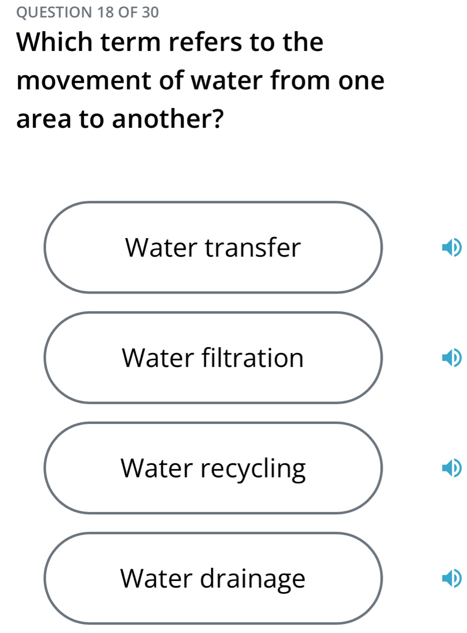Solved: OF 30 Which term refers to the movement of water from one area ...