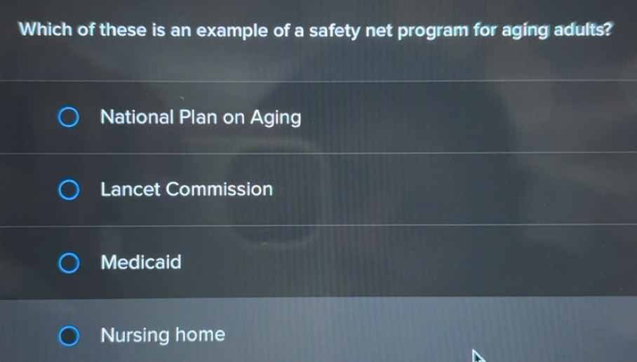 Solved: Which of these is an example of a safety net program for aging ...