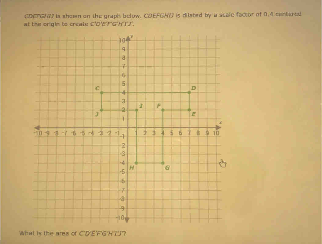 CDEFGHIJ is shown on the graph below. CDEFGHIJ is dilated by a scale ...